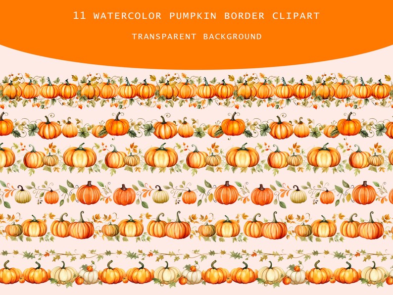 Watercolor Pumpkin Borders Clipart - Seamless Fall Autumn Borders Clip ...