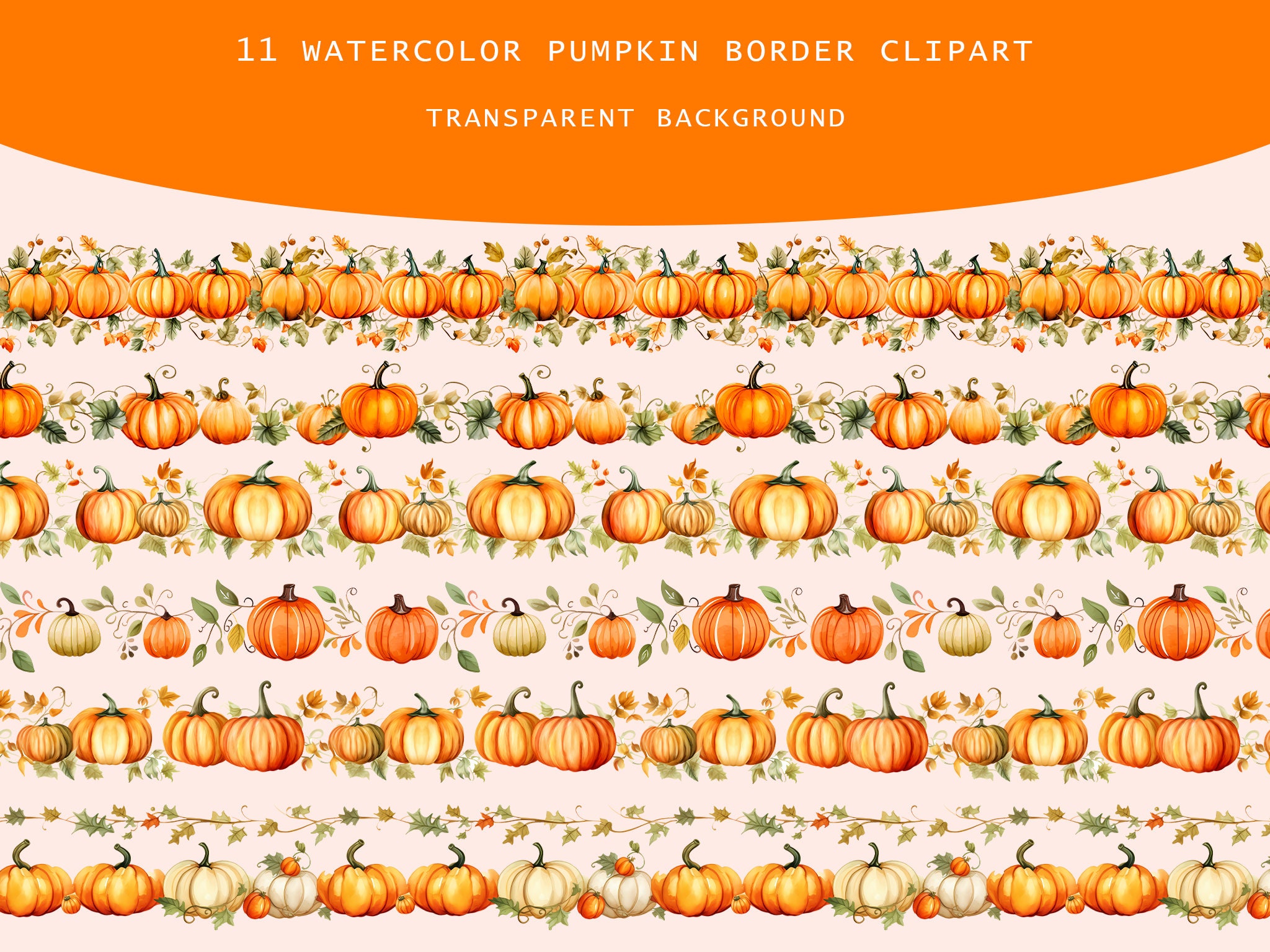 Watercolor Pumpkin Borders Clipart - Seamless Fall Autumn Borders Clip ...