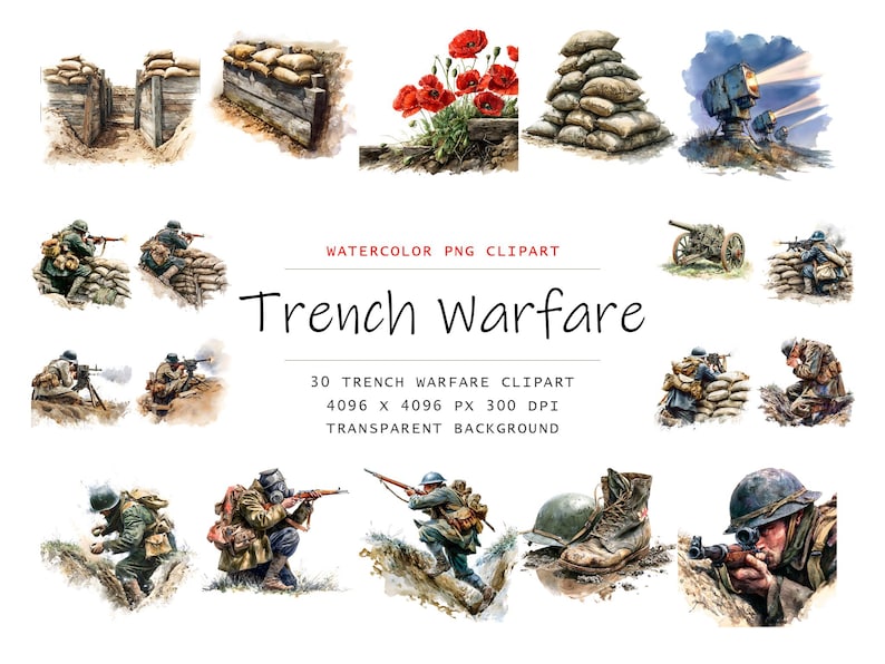 Watercolor Trench War Clipart, 40 PNG Army Clip Art, World War 1 Png ...