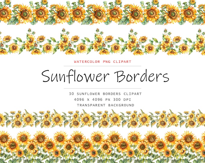 Watercolor Sunflower Borders Clipart, 30 PNG Sunflower Borders Clip Art ...