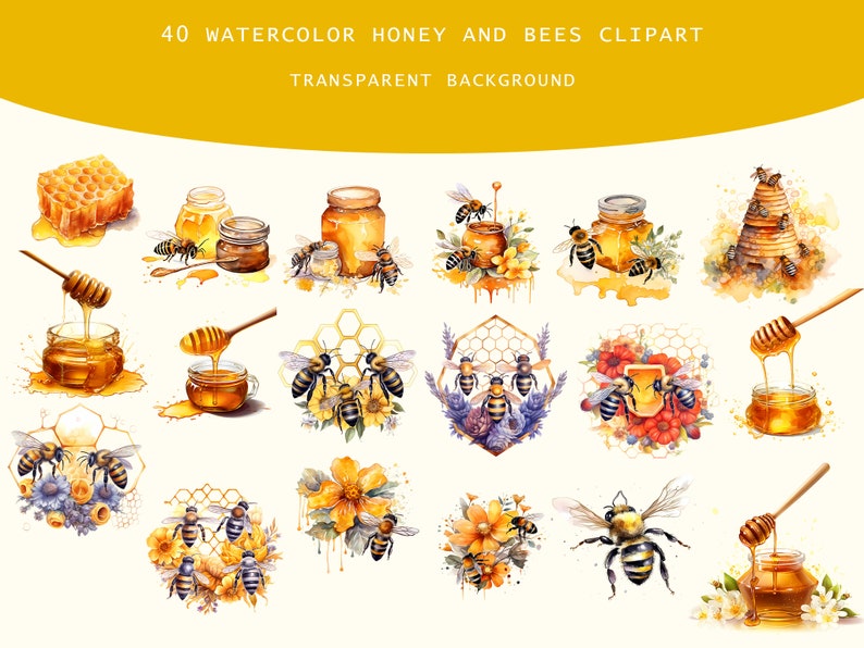 Watercolor Honey Bee Clipart, Spring Flowers Bee and Honey Clip Art PNG ...