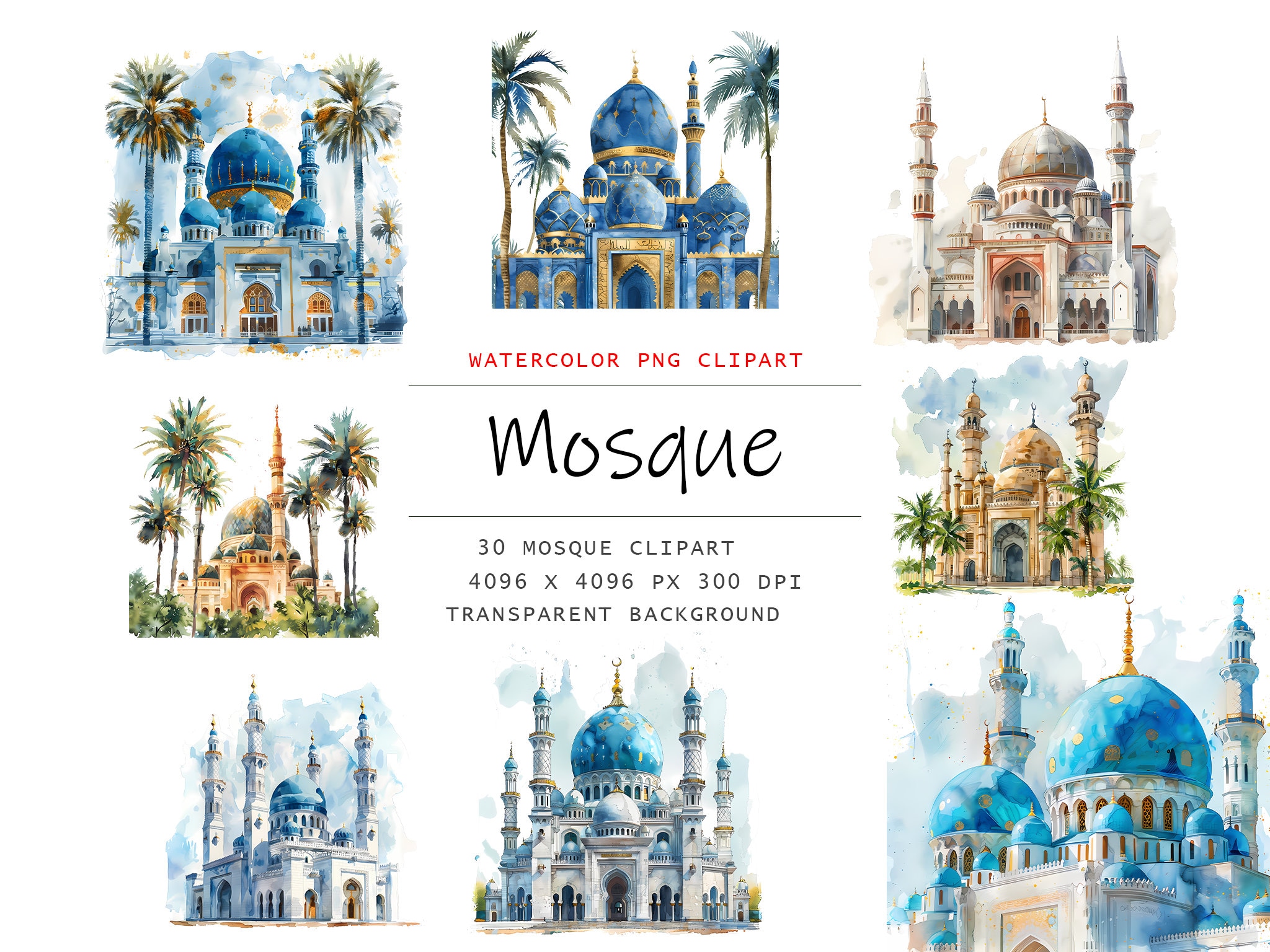 Watercolor Mosque Clipart, 30 PNG Mosque Clip Art, Commercial Use ...