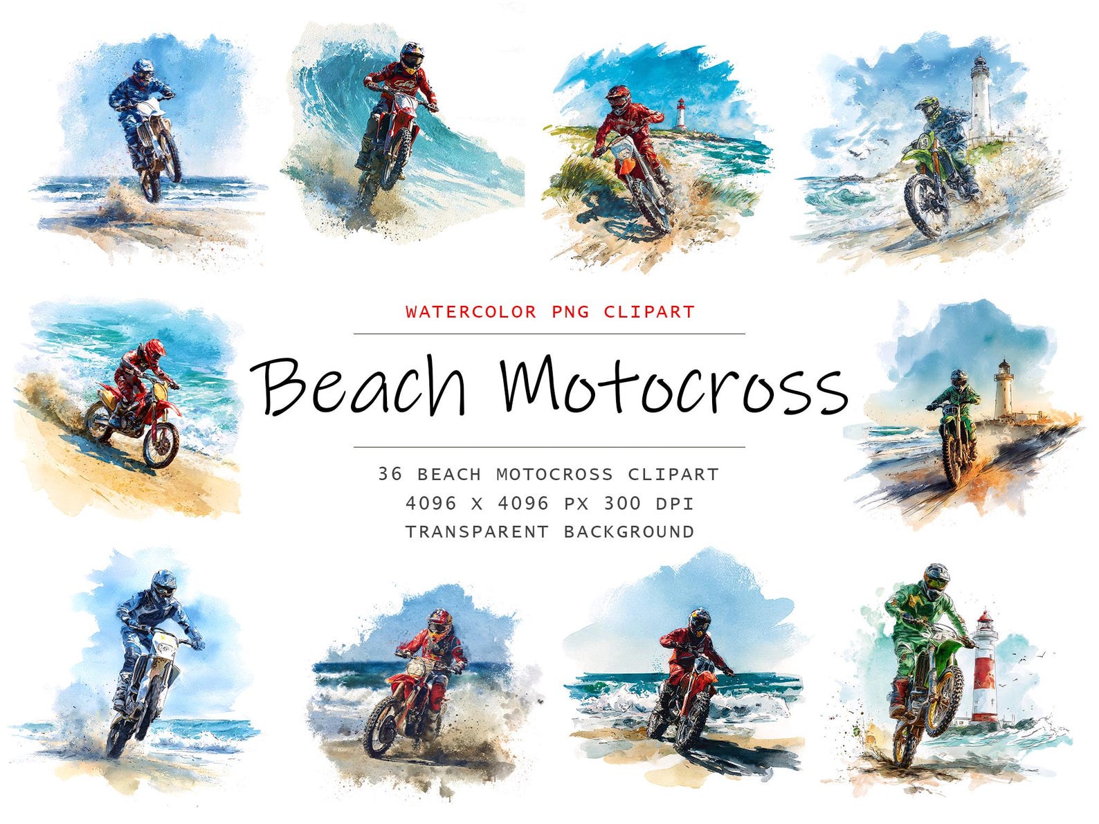 Watercolor Beach Motocross Clipart, 36 PNG Motorcycle Clip Art ...