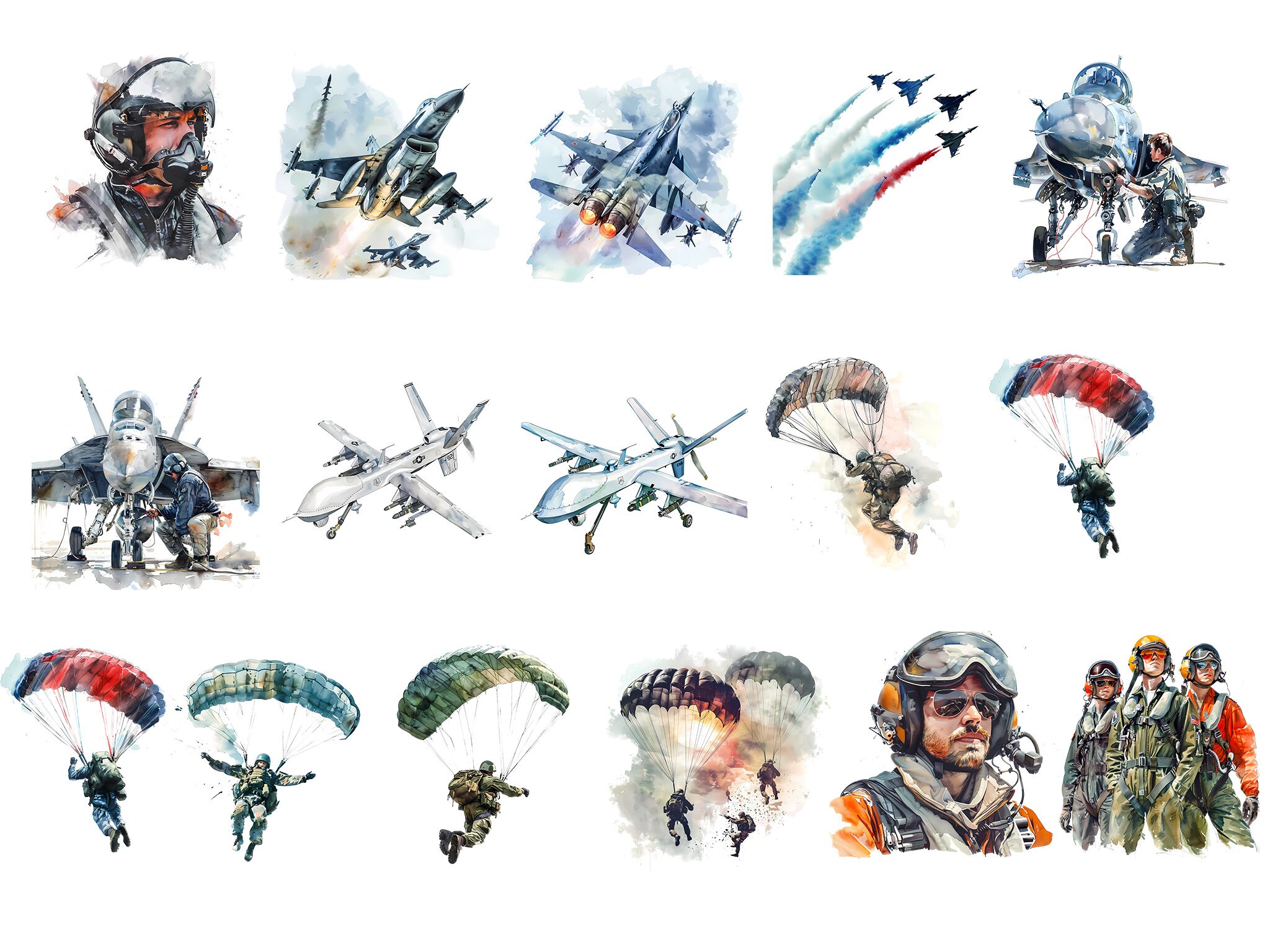 Watercolor Airforce Military Clipart, 30 PNG Airforce Army Clip Art ...