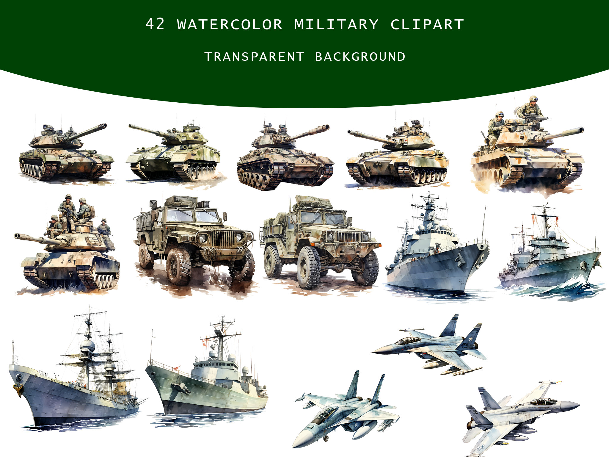 Watercolor Military Clipart, 42 PNG Army Clip Art, Commercial Use ...