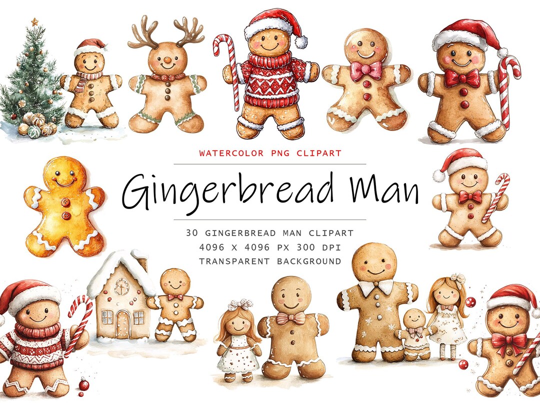 Watercolor Gingerbread Man Clipart, 30 PNG Gingerbread Man Clip Art ...