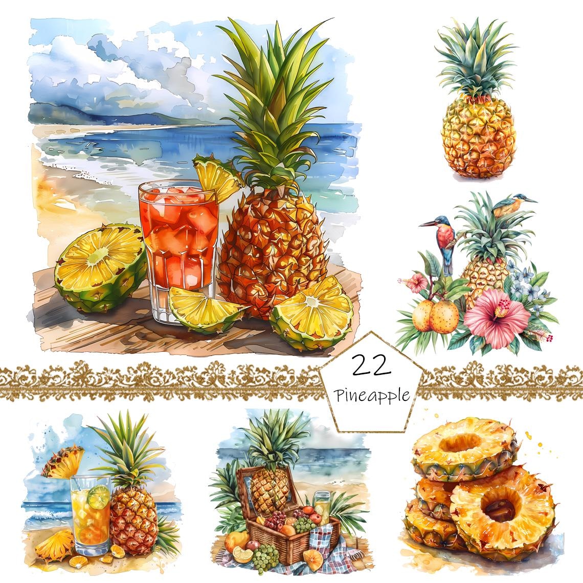 Watercolor Pineapple Clipart, 22 PNG Pineapple Clip Art, Commercial Use ...