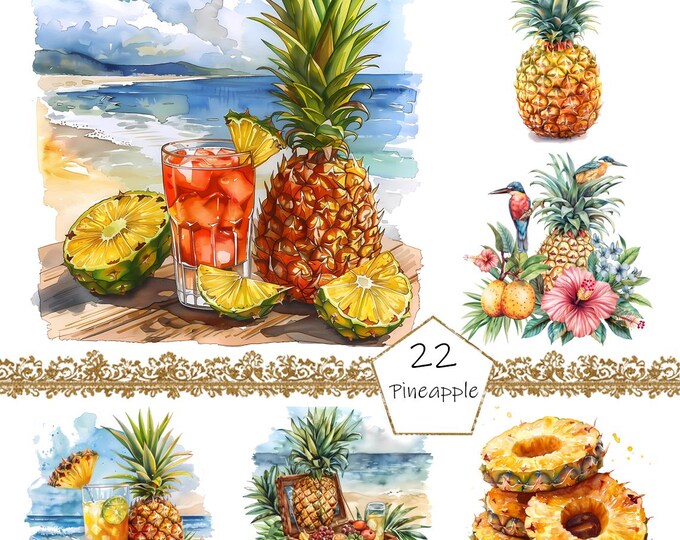 Watercolor Pineapple Clipart, 22 PNG Pineapple Clip Art, Commercial Use ...
