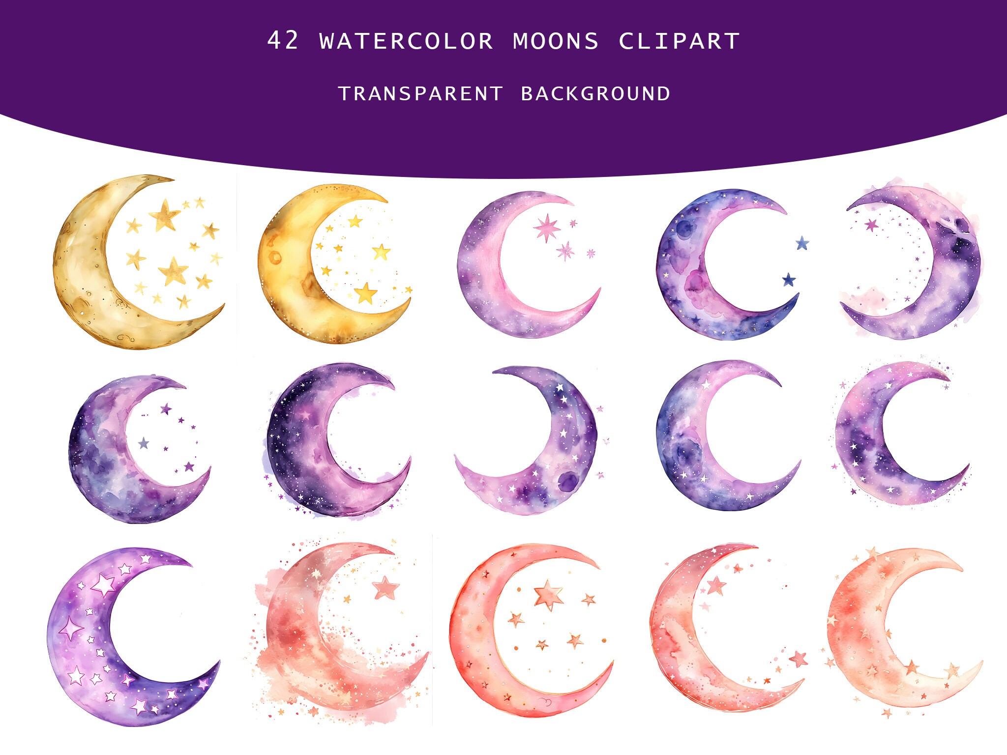 Dreamy Watercolor Moon Clipart- 42 Transparent Background PNG, Crescent ...