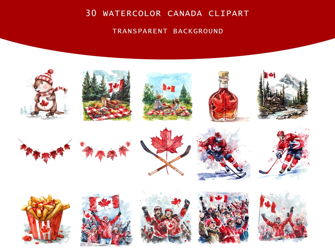Watercolor Canada Day Clipart, 30 PNG Canada Day Clip Art, Commercial ...