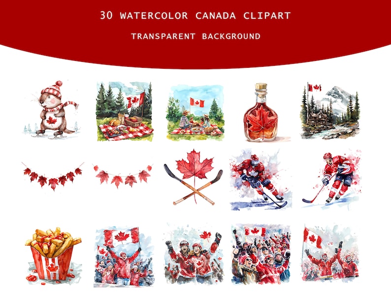 Watercolor Canada Day Clipart, 30 PNG Canada Day Clip Art, Commercial ...
