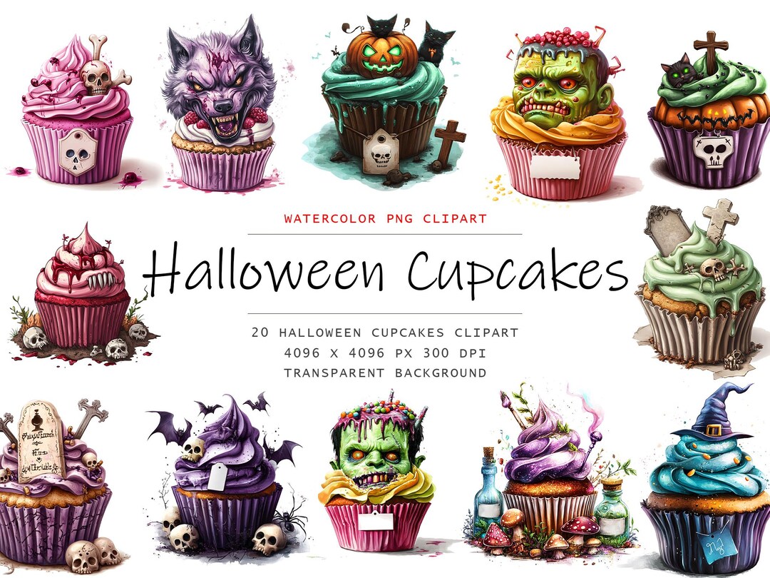 Watercolor Halloween Cupcakes Clipart, 20 PNG Halloween Cupcakes Clip ...