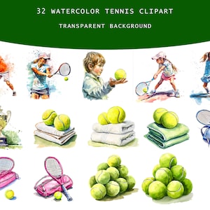 Watercolor Tennis Clipart- 32 Transparent Background PNG Commercial Use ...