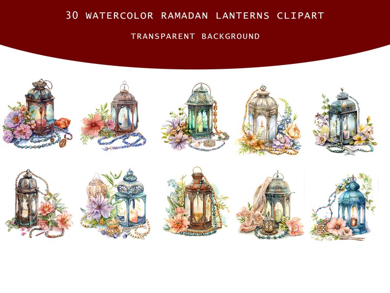 Watercolor Ramadan Lantern Clipart,30 PNG Ramadan Clip Art, Muslim ...