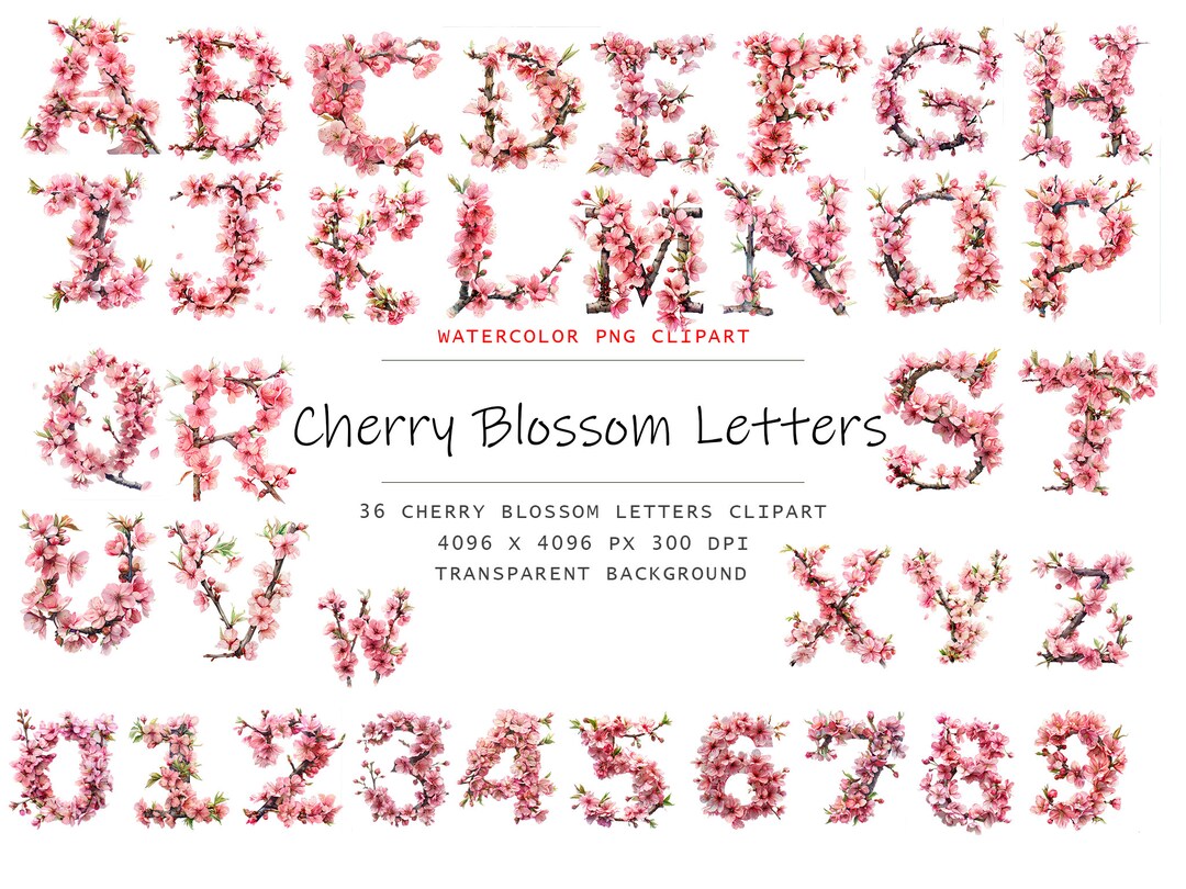 Watercolor Cherry Blossom Alphabet Clipart, Cherry Blossom Alphabet ...