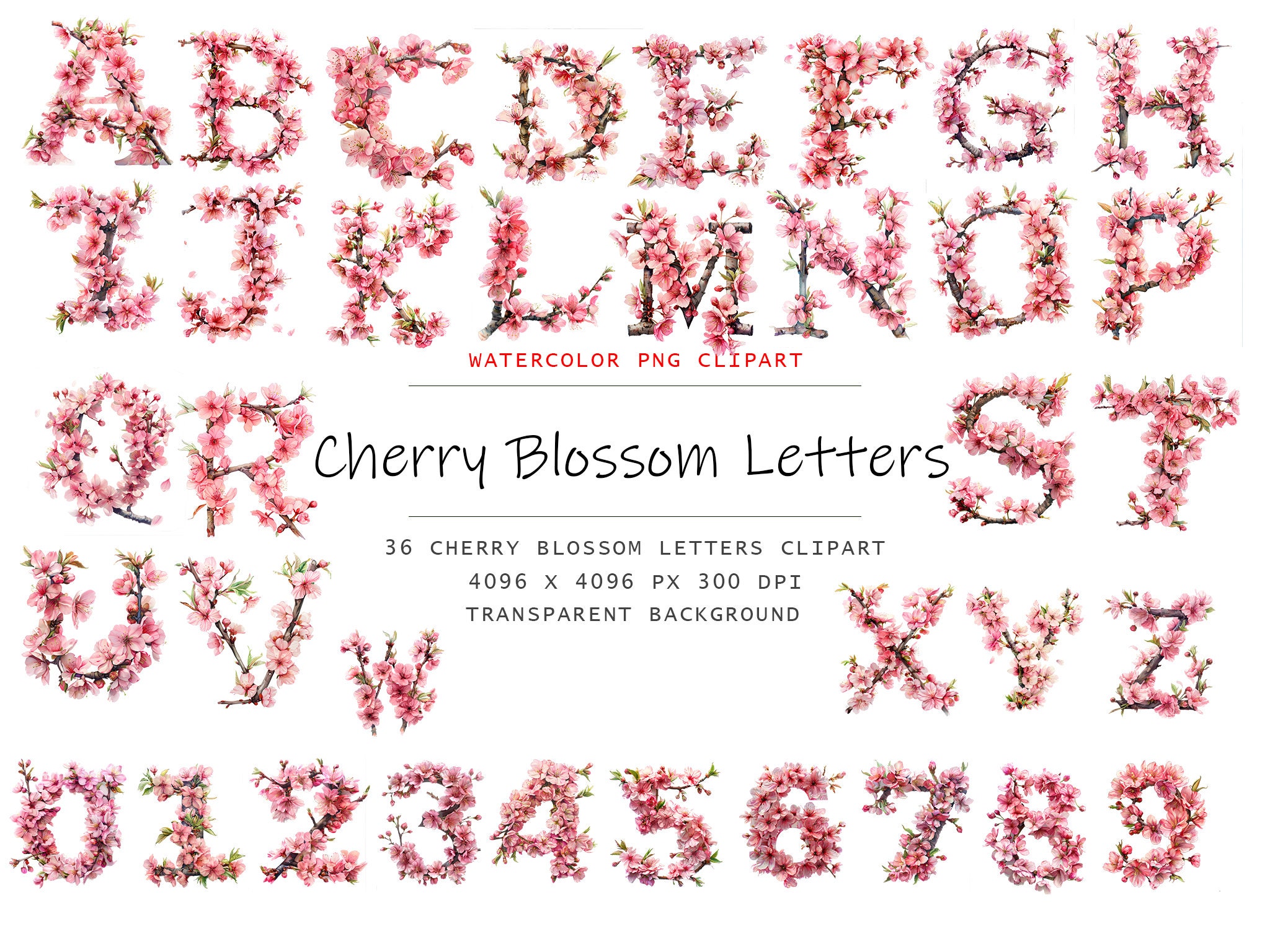 Watercolor Cherry Blossom Alphabet Clipart, Cherry Blossom Alphabet ...