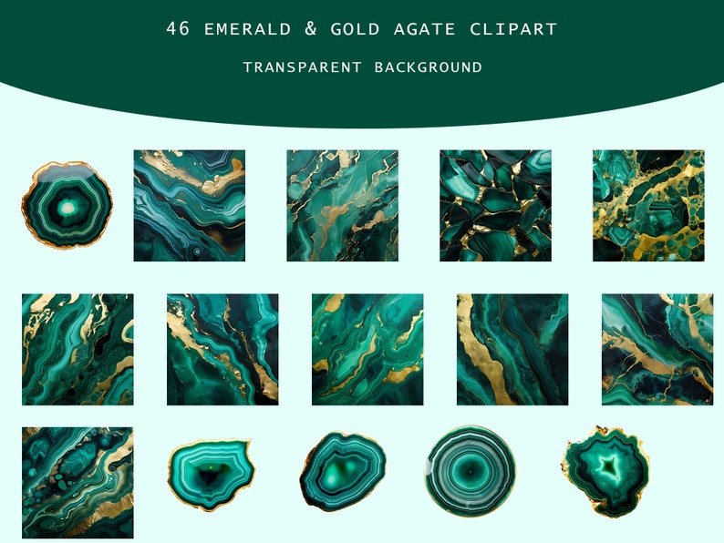 Emerald Green and Gold Agate Borders, Digital Geode PNG Overlays With ...