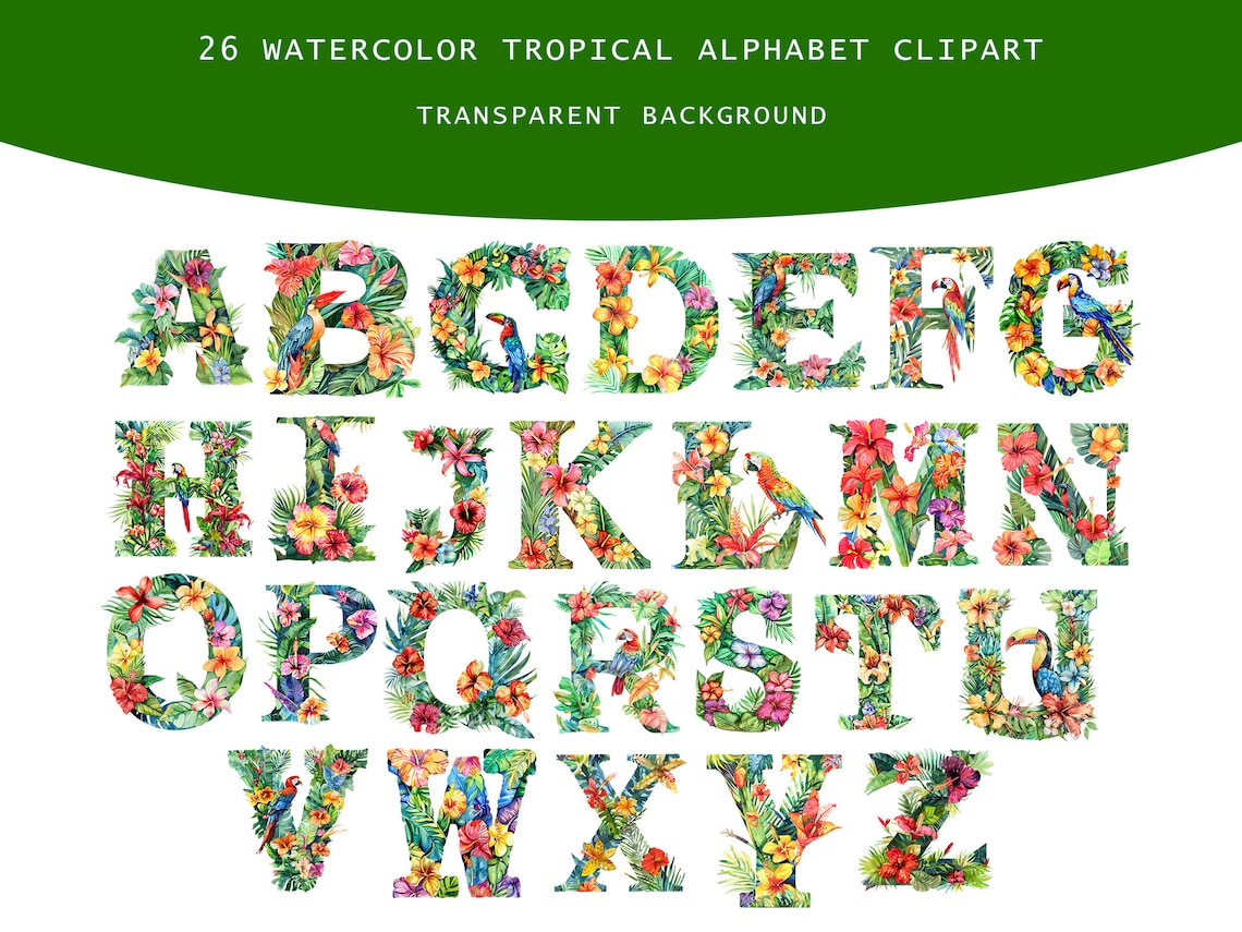 Watercolor Tropical Alphabet, Letters Png, Alphabet Png, Instant ...
