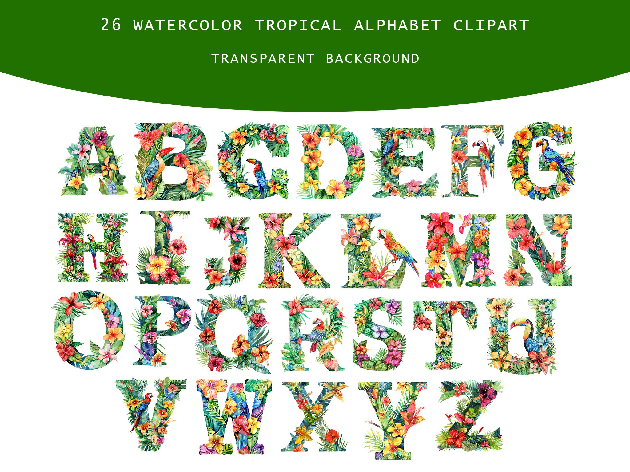 Watercolor Tropical Alphabet, Letters Png, Alphabet Png, Instant ...