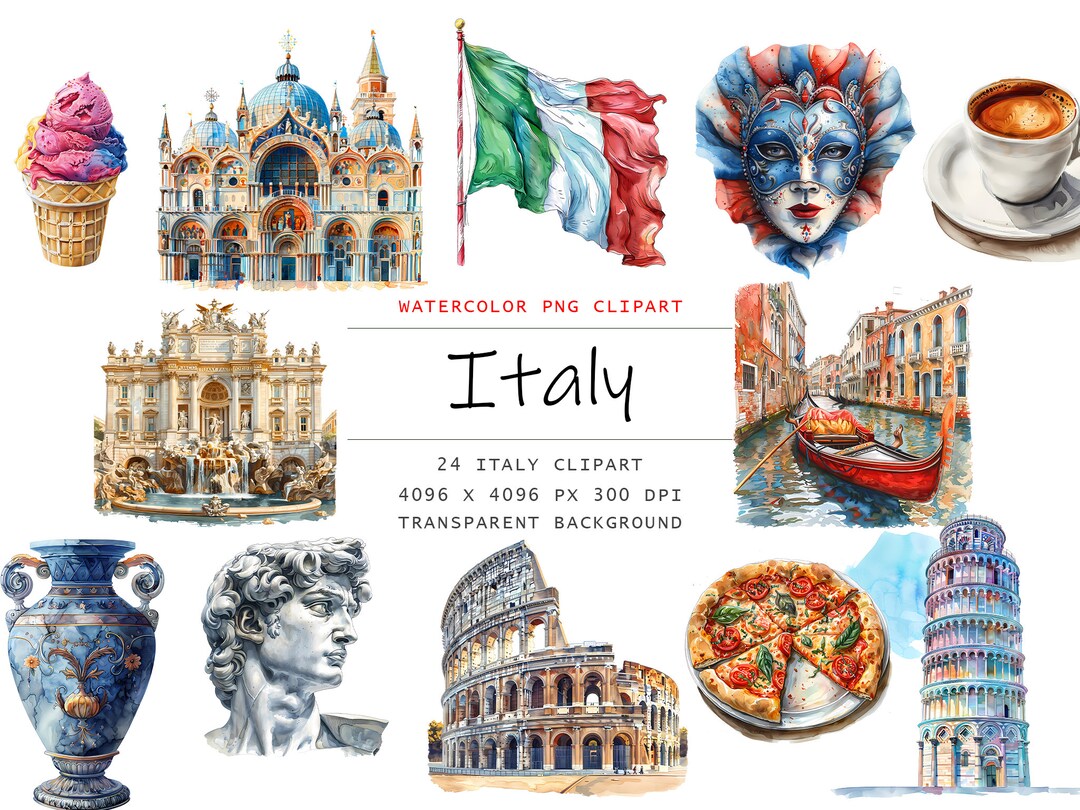 Watercolor Italy Clipart, 24 PNG Ancient Italy Clip Art, Italian ...