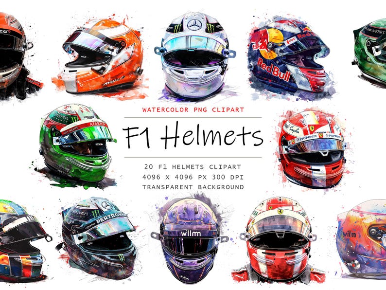 Watercolor Racing Helmets Clipart, 20 PNG Racing Clip Art, Commercial ...