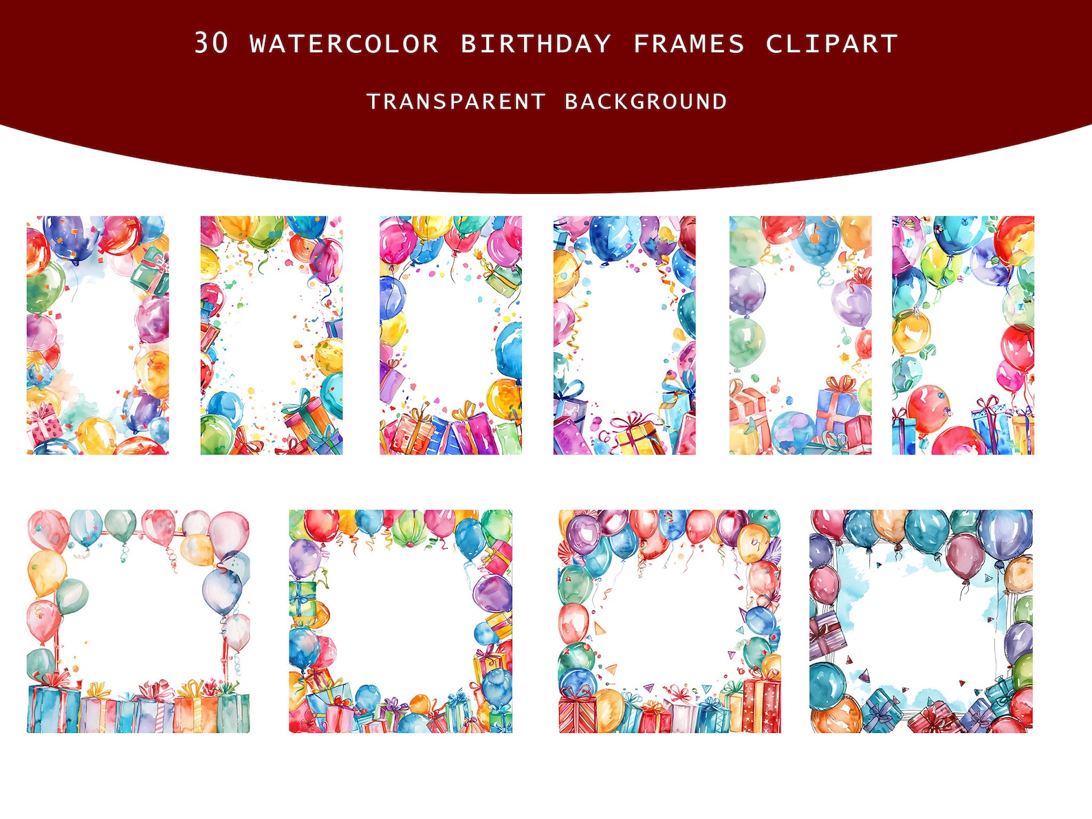 Watercolor Birthday Party Borders and Frames Clipart, 30 PNG Birthday ...