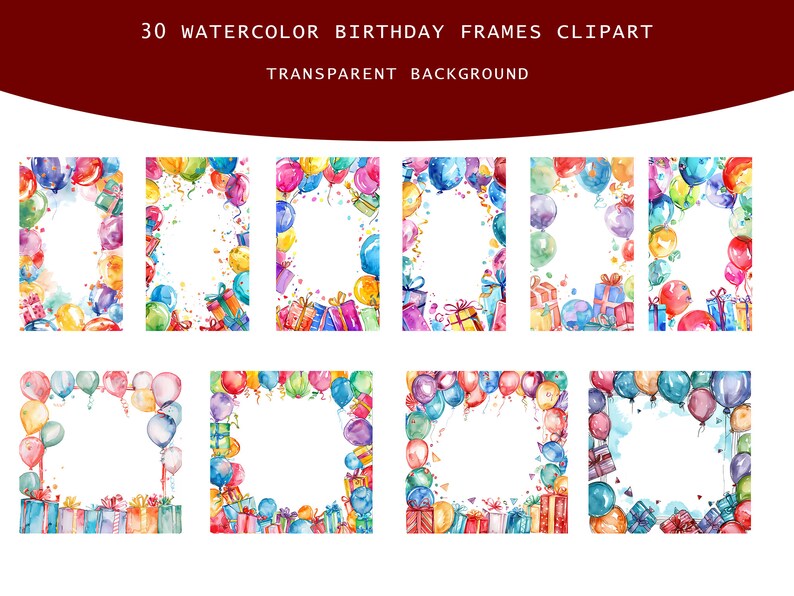 Watercolor Birthday Party Borders and Frames Clipart, 30 PNG Birthday ...