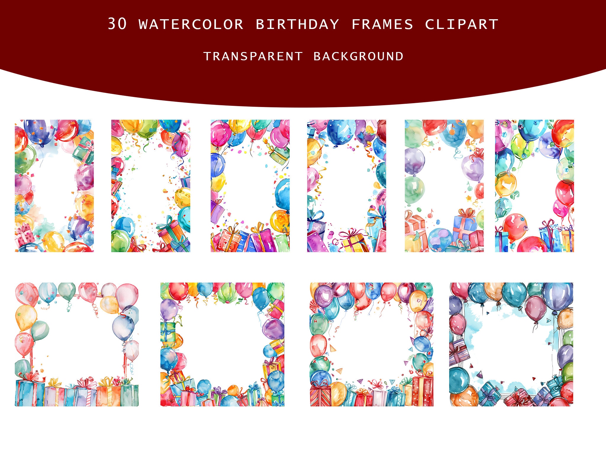 Watercolor Birthday Party Borders and Frames Clipart, 30 PNG Birthday ...