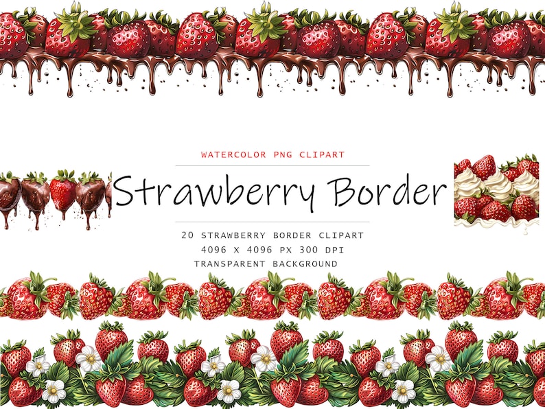 Watercolor Strawberry Borders Clipart, 20 PNG Strawberry Borders Clip ...