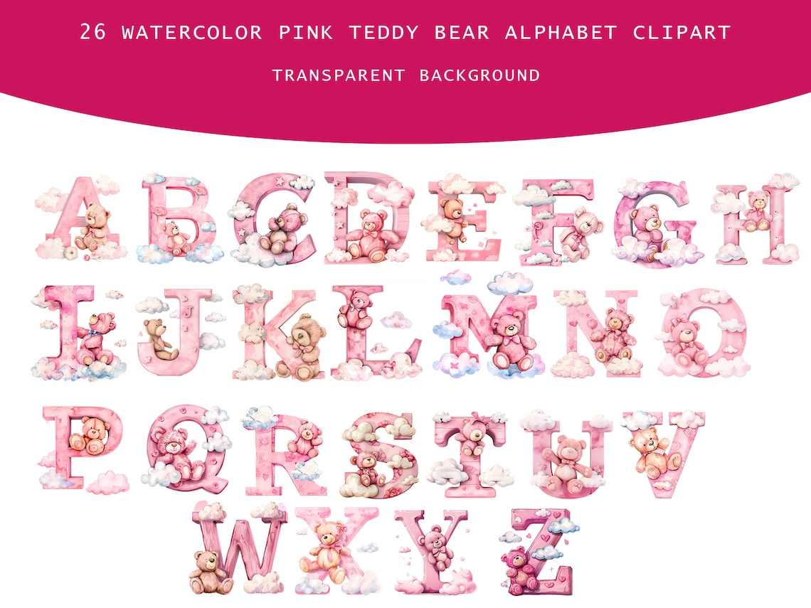 Pink Teddy Bear Alphabet, Letters Png, Alphabet Png, Instant Download ...