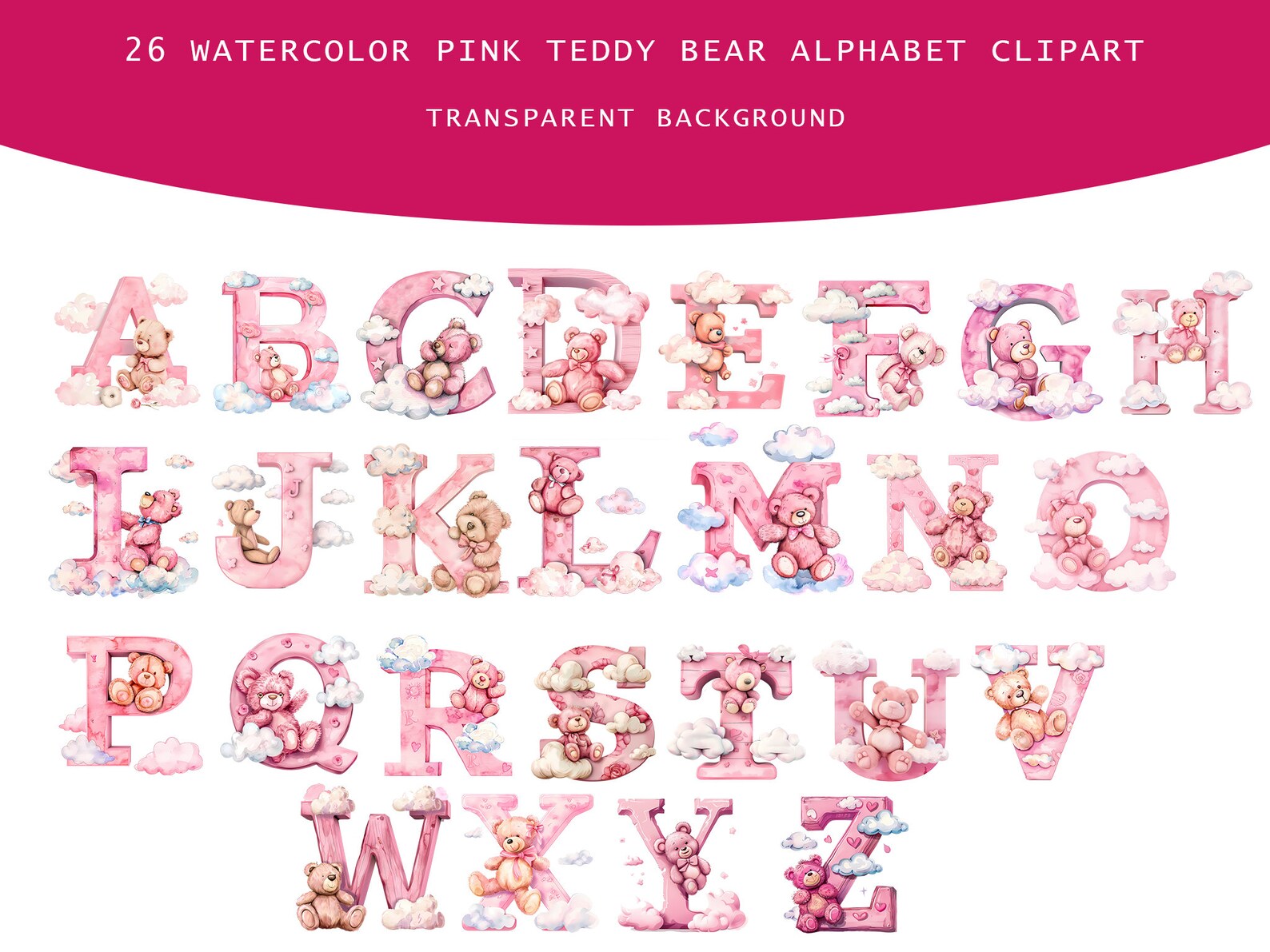 Pink Teddy Bear Alphabet, Letters Png, Alphabet Png, Instant Download ...