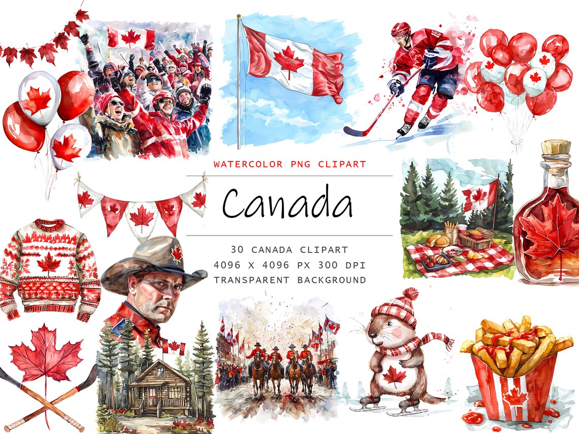 Watercolor Canada Day Clipart, 30 PNG Canada Day Clip Art, Commercial ...
