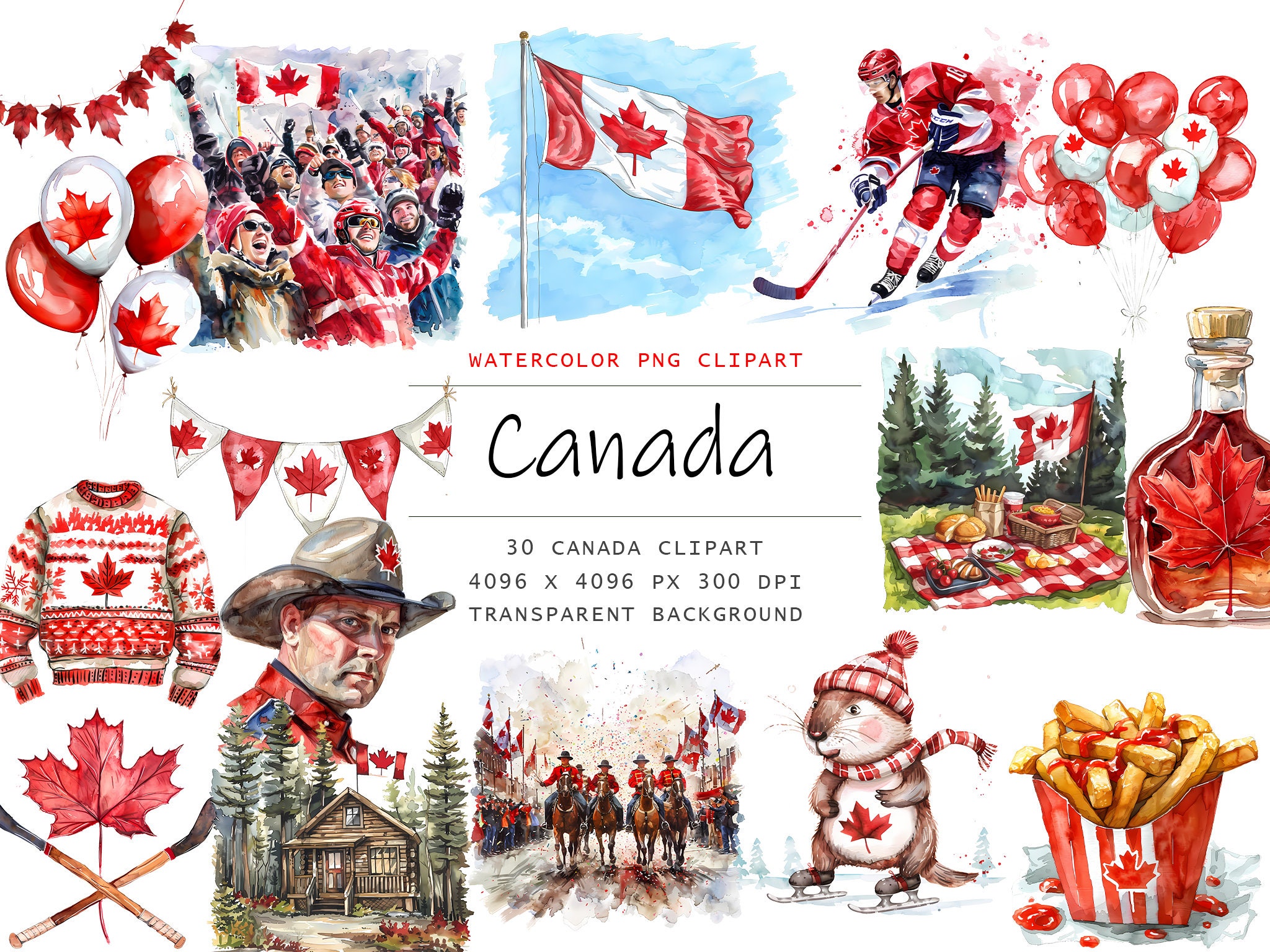 Watercolor Canada Day Clipart, 30 PNG Canada Day Clip Art, Commercial ...