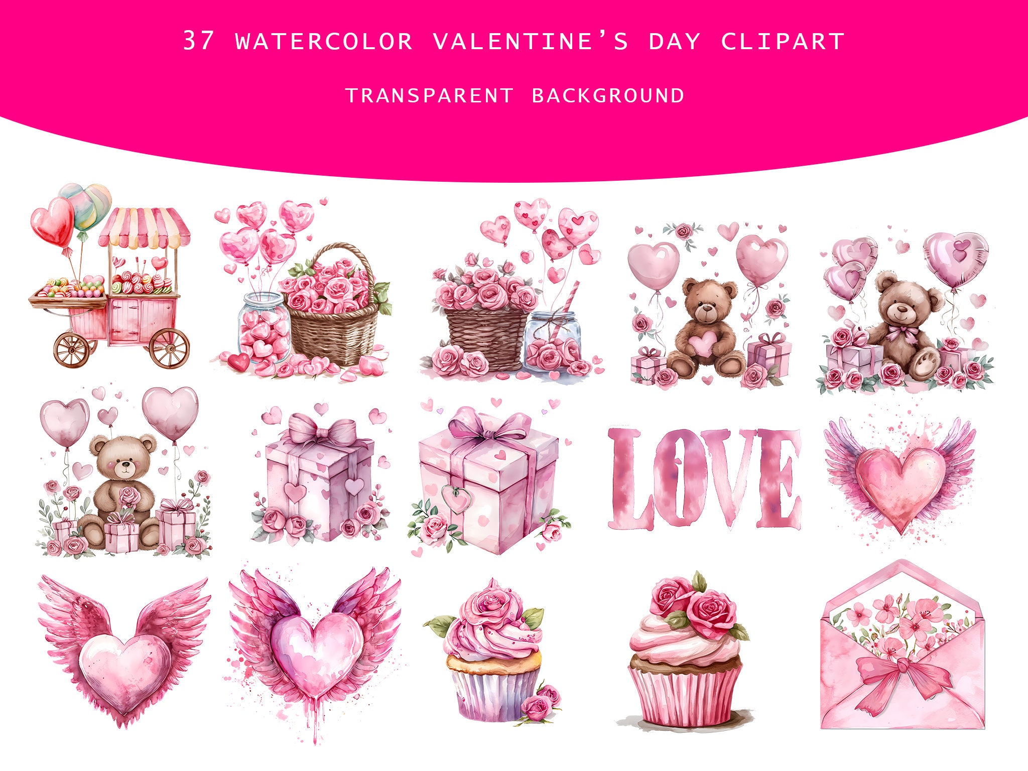 Watercolor Cute Valentines Clipart, 37 PNG Valentines Day Clipart ...