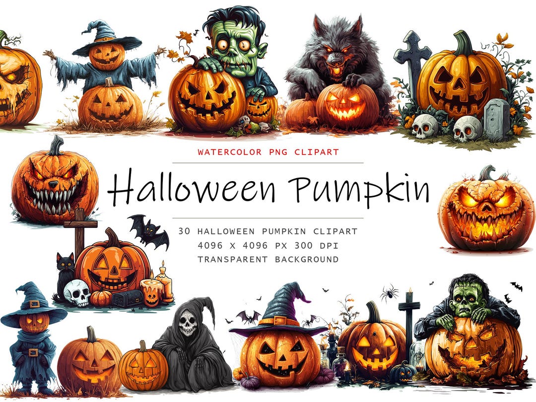 Watercolor Halloween Pumpkin Clipart, 30 PNG Halloween Pumpkin Clip Art ...