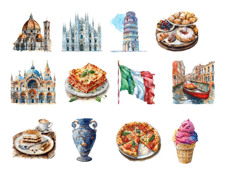 Watercolor Italy Clipart, 24 PNG Ancient Italy Clip Art, Italian ...