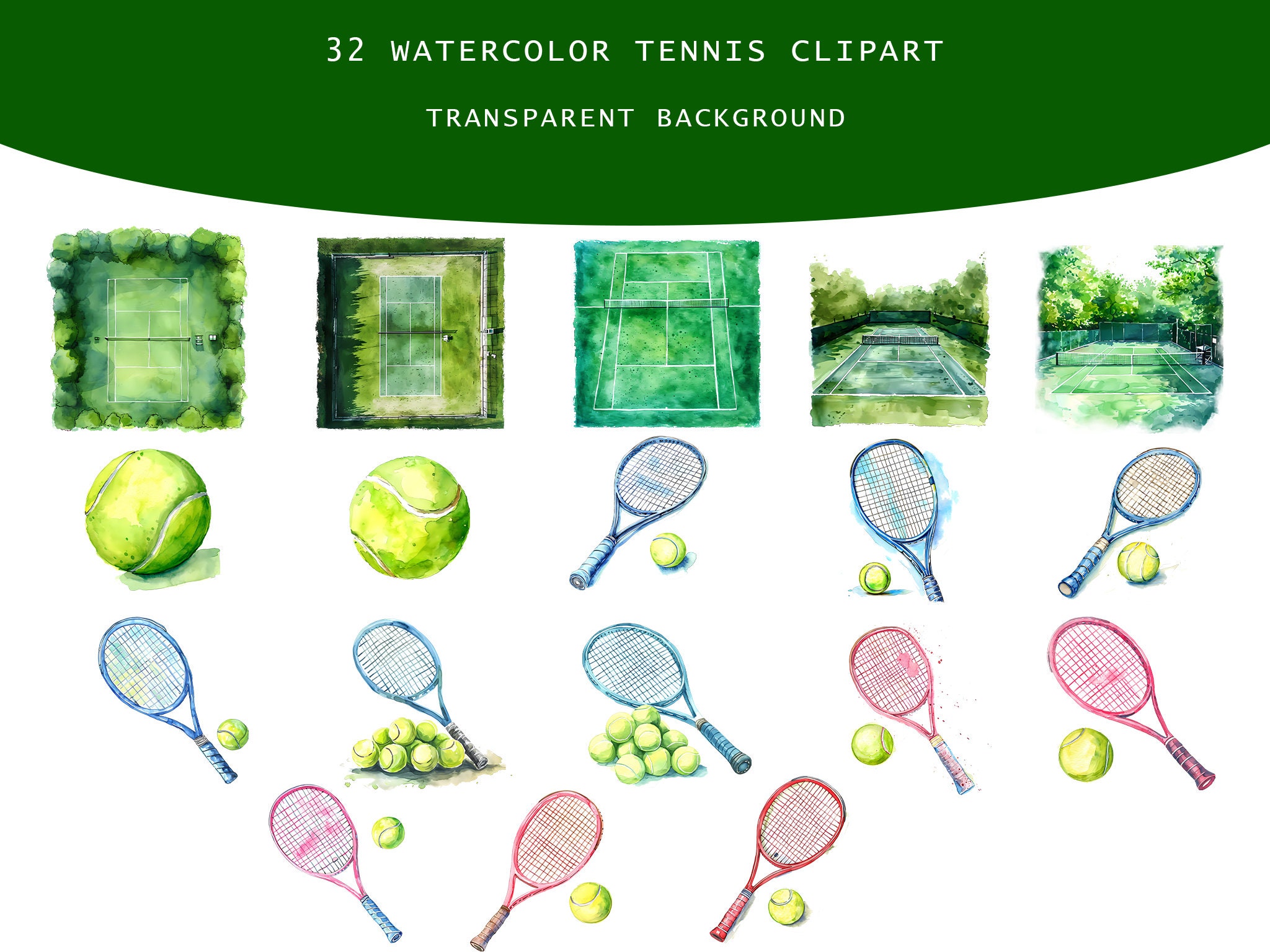 Watercolor Tennis Clipart- 32 Transparent Background PNG Commercial Use ...
