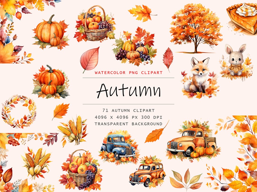 Watercolor Autumn Elements Clipart, Pumpkin Clipart, Autumn Leaves ...