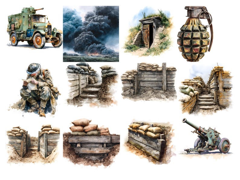 Watercolor Trench War Clipart, 40 PNG Army Clip Art, World War 1 Png ...