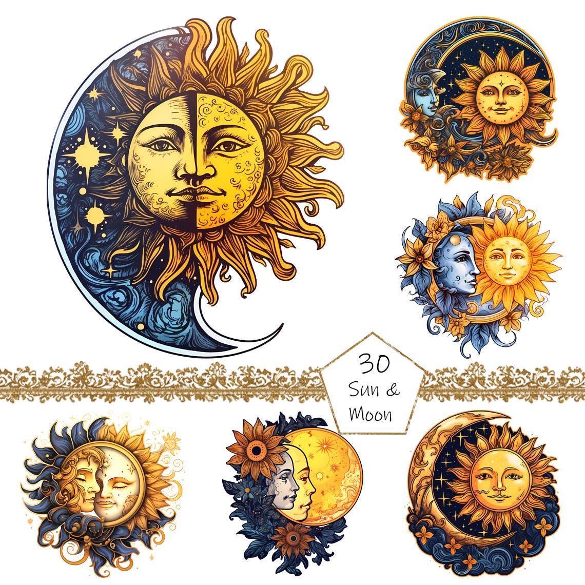 Sun and Moon Clipart, Celestial Clipart Bundle, Watercolor Sun Clip Art ...