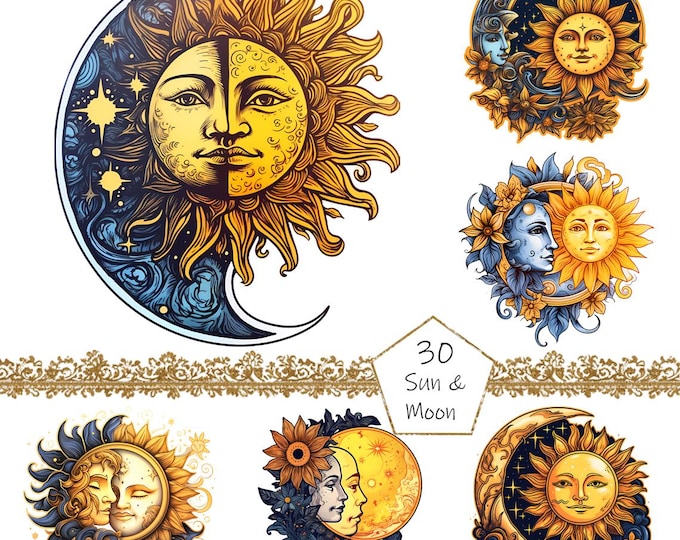 Sun and Moon Clipart, Celestial Clipart Bundle, Watercolor Sun Clip Art ...