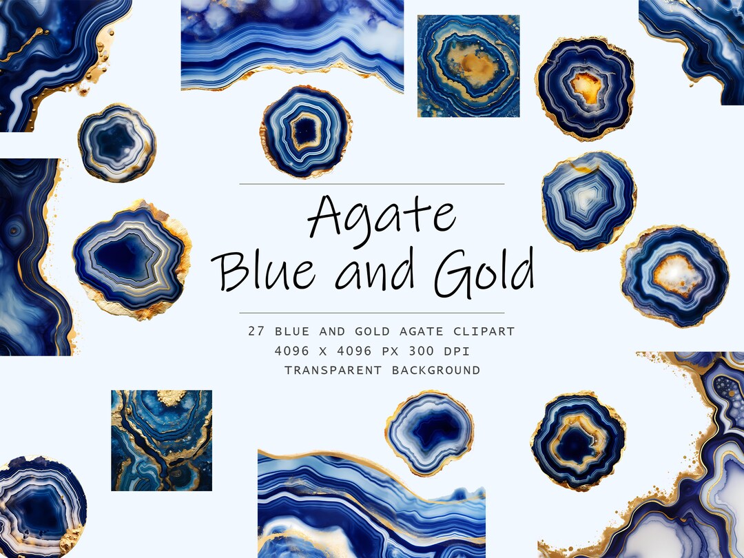 Navy and Gold Agate Borders, Digital Watercolor Geode PNG Overlays With ...