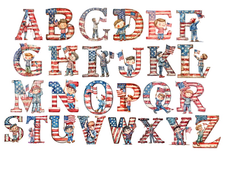 Watercolor American Flag Alphabet Clipart, 26 PNG American Flag Clip ...