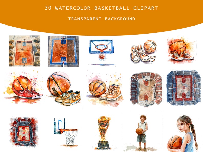 Watercolor Basketball Clipart, 30 High Quality JPEG and PNG Files ...
