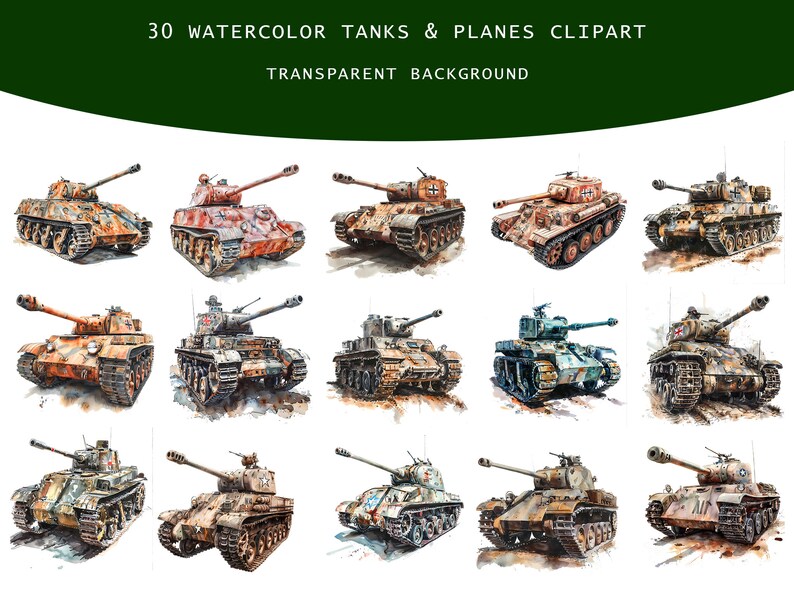Watercolor Military Tanks and Planes Clipart, 30 PNG Army Clip Art ...