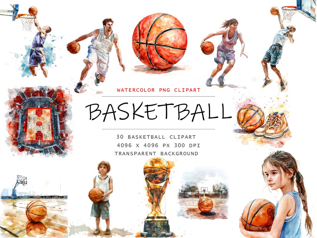 Watercolor Basketball Clipart, 30 High Quality JPEG and PNG Files ...