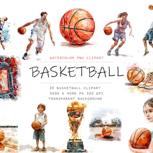 Watercolor Basketball Clipart, 30 High Quality JPEG and PNG Files ...