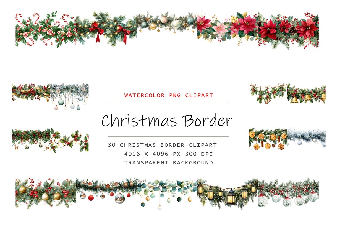 Watercolor Christmas Borders Clipart, 30 PNG Christmas Clip Art ...