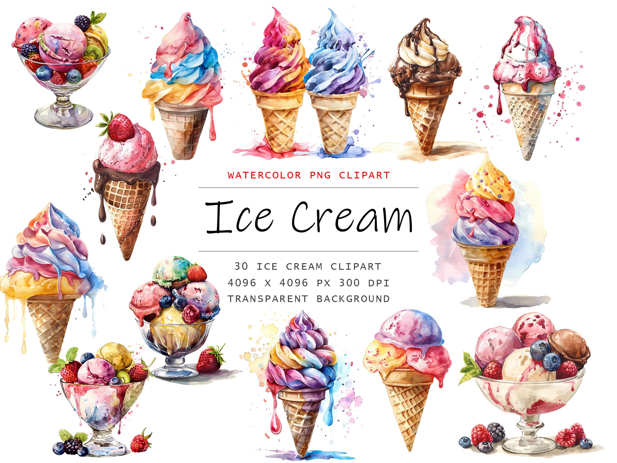 Watercolor Ice Cream Clipart, 30 PNG Summer Treats Clip Art, Sweet ...