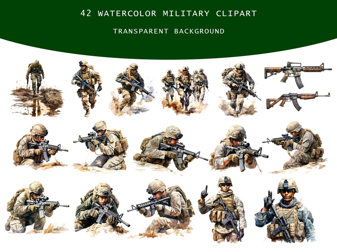 Watercolor Military Clipart, 42 PNG Army Clip Art, Commercial Use ...